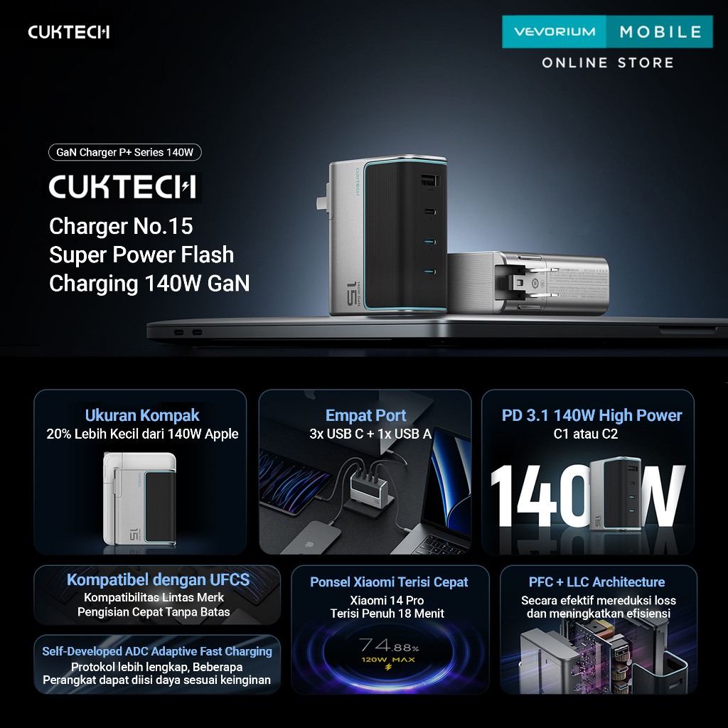 Jual CUKTECH 140W GaN 3C1A 4 Port USB Charger | No.15 GaN Super Energy Flash Charge | Mendukung ...