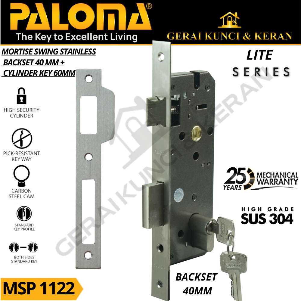 Jual PALOMA MSP 1122 Mortise lock Swing Backset 40 MM Set Cylinder 60MM ...