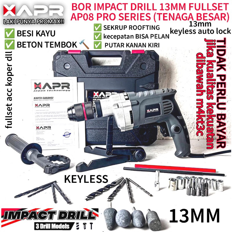 Jual Bor Listrik impact drill 13mm APR ap08 pro series beton besi kayu sekrup drilling GARANSI 5 ...