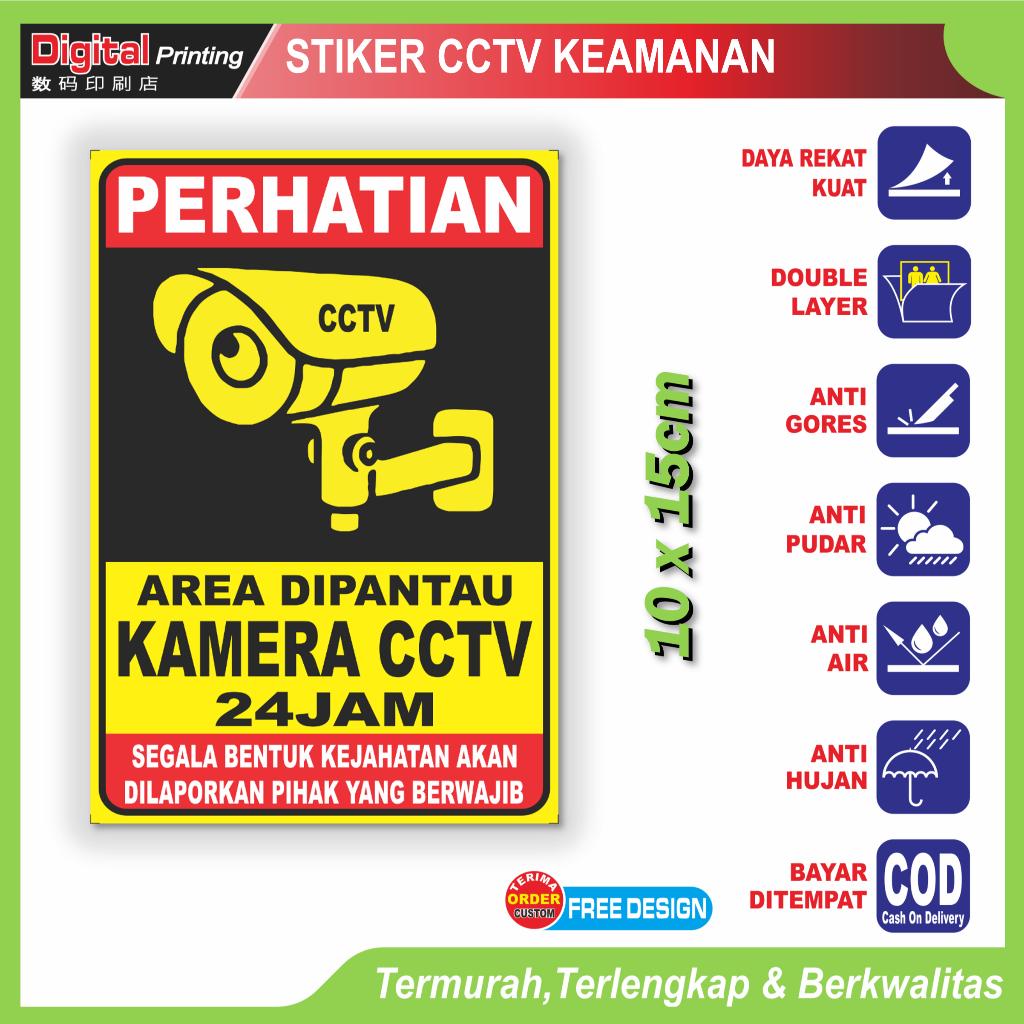 Jual Stiker tulisan CCTV area diawasi 24 jam sticker peringatan ...
