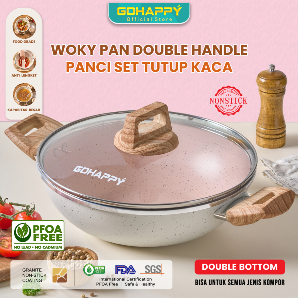 Jual WOKY 24CM GOHAPPY panci wok pan 2gagang whitepink granit wajan ...