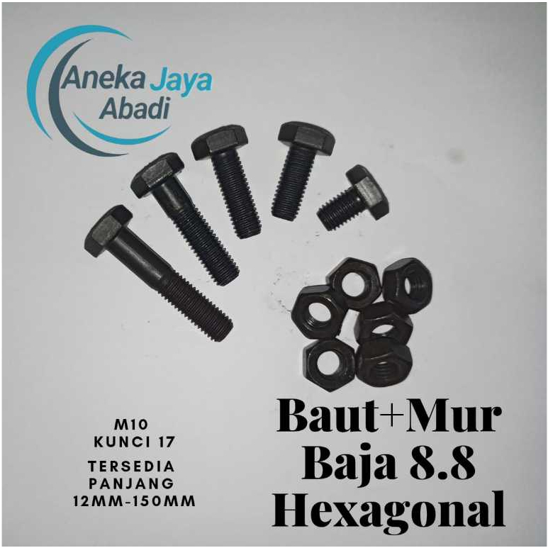 Jual Baut Mur Baja 8.8 Hexagon M10 Panjang 12mm-150mm / Baud Baja M10x12mm - M10X150mm Kunci 17 ...