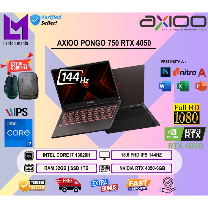 Jual Axioo Pongo 750 i7 13620H RTX 4050 Ram 32GB SSD 1TB 15.6 inch FHD ...
