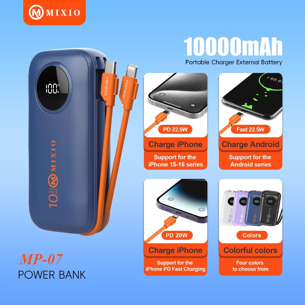 Jual MIXIO MP-07 10000mAh Powerbank Mini 22.5W With Kabel Fast Charging Lightning ios & Type C ...