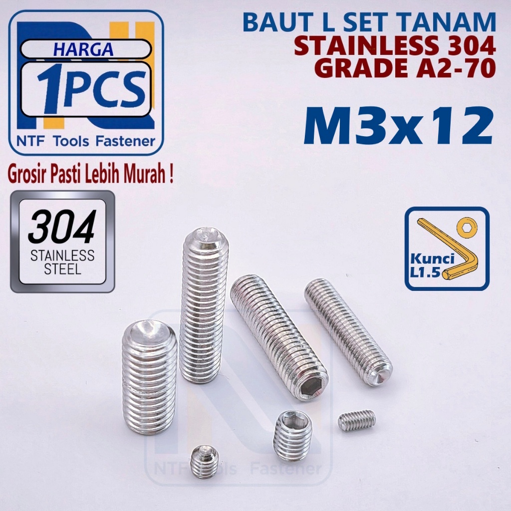 Jual Baut Tanam L M3x12 STAINLESS STEEL 304 Tahan Karat L-Set Socket M3 ...