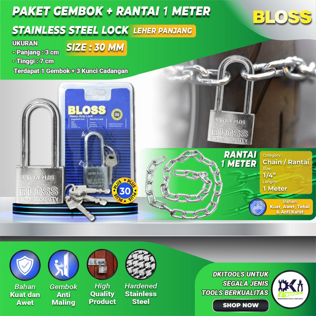 Jual Paket Gembok 30MM BLOSS Panjang + Rantai 1 Meter Kuat Anti Karat ...