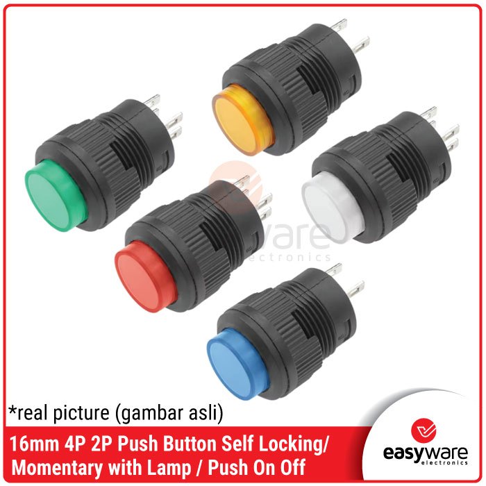 Jual Push Button 16mm Self Locking Momentary Push On Off Light LED R16 503 Red Green Blue Yellow ...