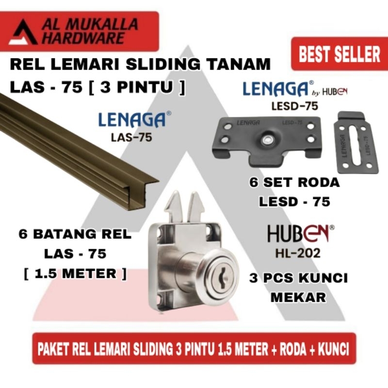 Jual [ 3 Pintu + Kunci ] Paket 6 Rel LAS - 75 Lenaga 1.5 Meter + 6 Set Roda LESD - 75 + 3 Pcs ...