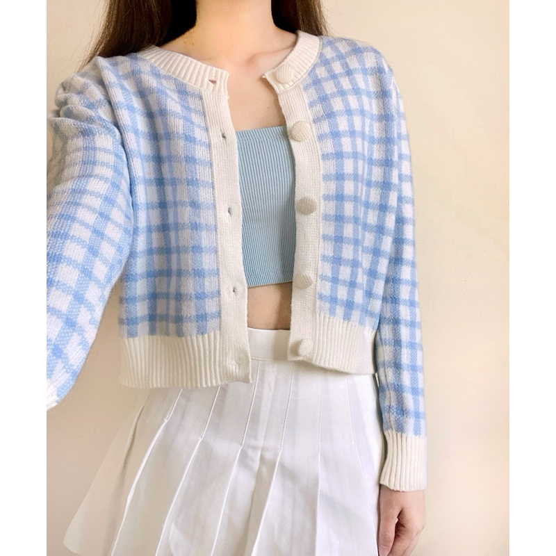 Jual Keely Daily - Harriet Gingham Knit Cardigan cardi outer rajut motif kotak wanita | Shopee ...
