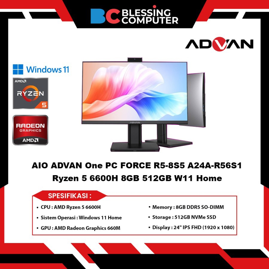 Jual AIO ADVAN One PC FORCE R5-8S5 A24A-R56S1 Ryzen 5 6600H 8GB 512GB ...
