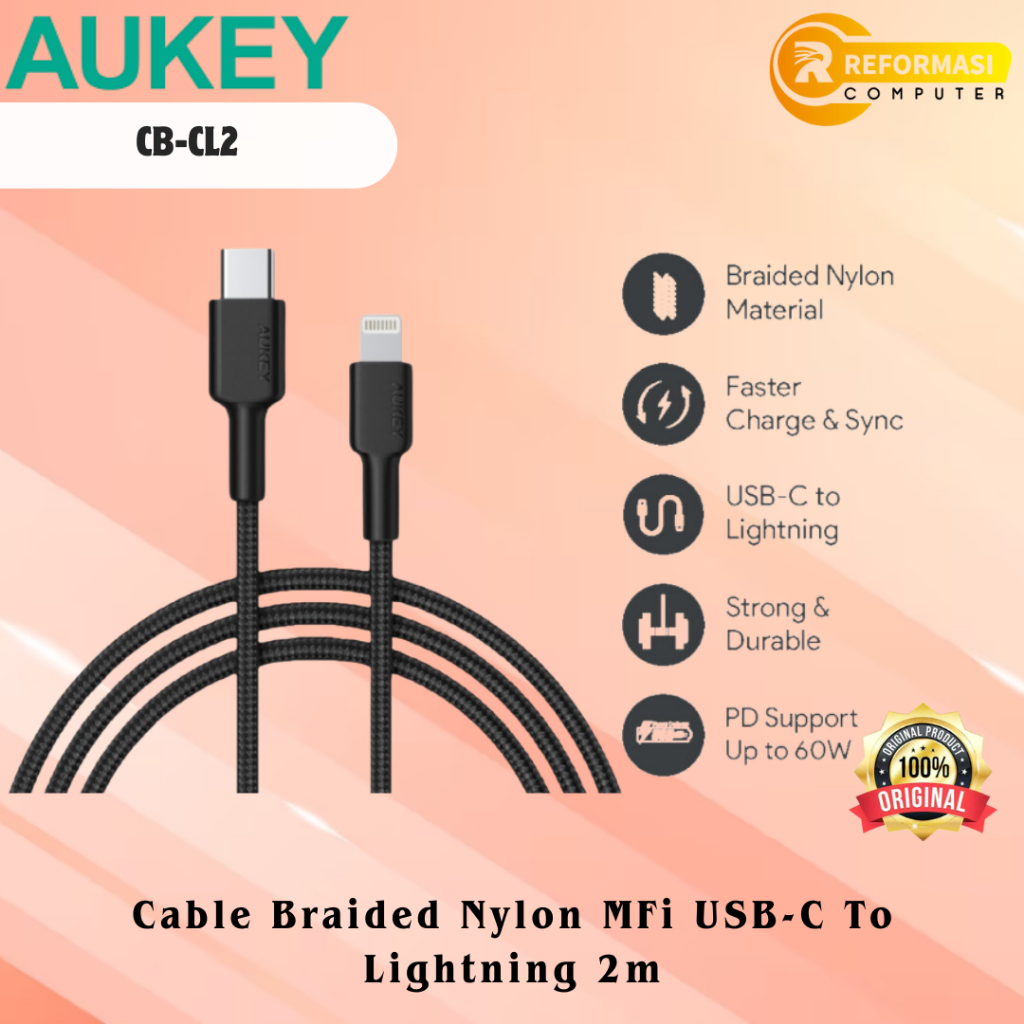 Jual AUKEY Kabel Data Aukey Cable CB-CL2 Braided Nylon MFi 2m | Shopee ...