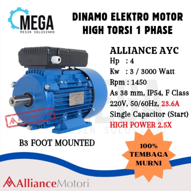 Jual Alliance Dinamo 1 Phase 4 HP 3 KW 1400rpm AYC Single Capacitor 100% LILITAN TEMBAGA ...