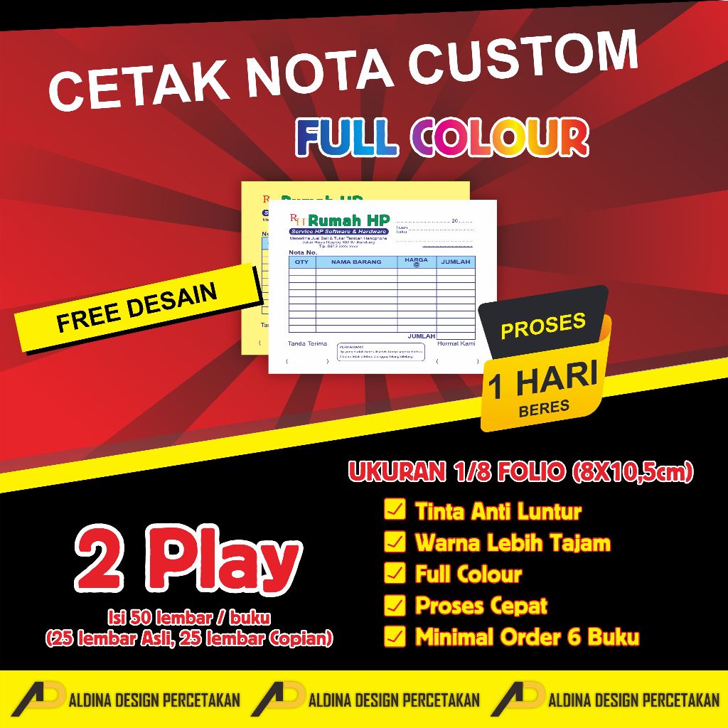 Jual Aldina Nota 1/8 2 ply Full collour bisa satuan,warna cerah, cetak ...