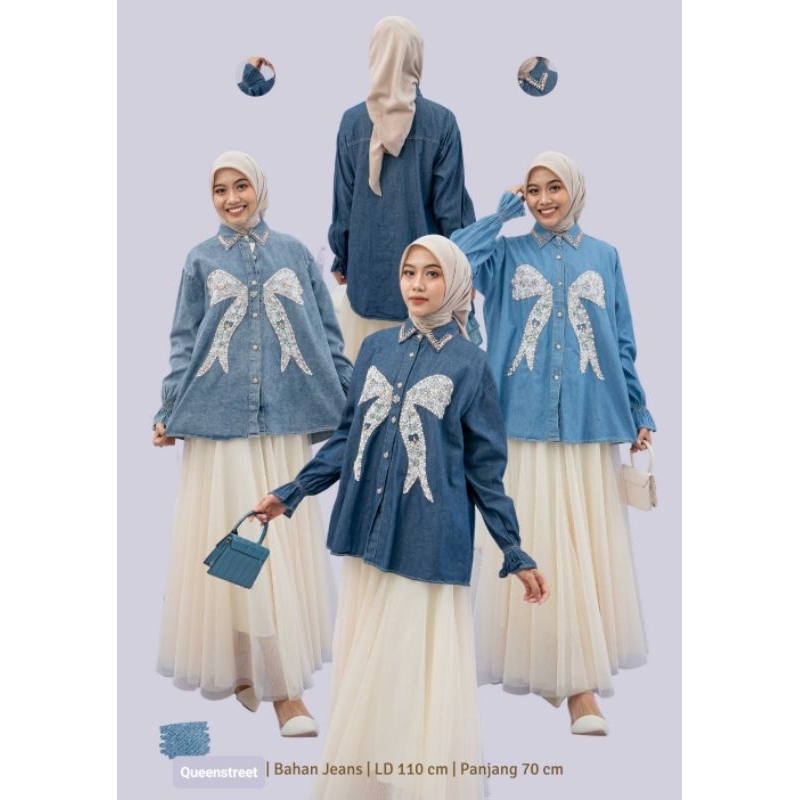Jual AT274 Queenstreet Ribbon Pearl Denim Shirt | Atasan Kemeja Wanita ...