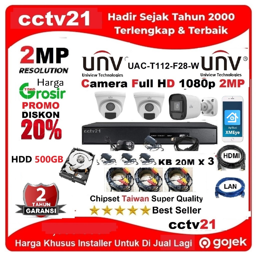 Jual Paket CCTV 3 Camera UNV Univew 2MP +Hardisk 500GB +Kabel 60M DVR ...