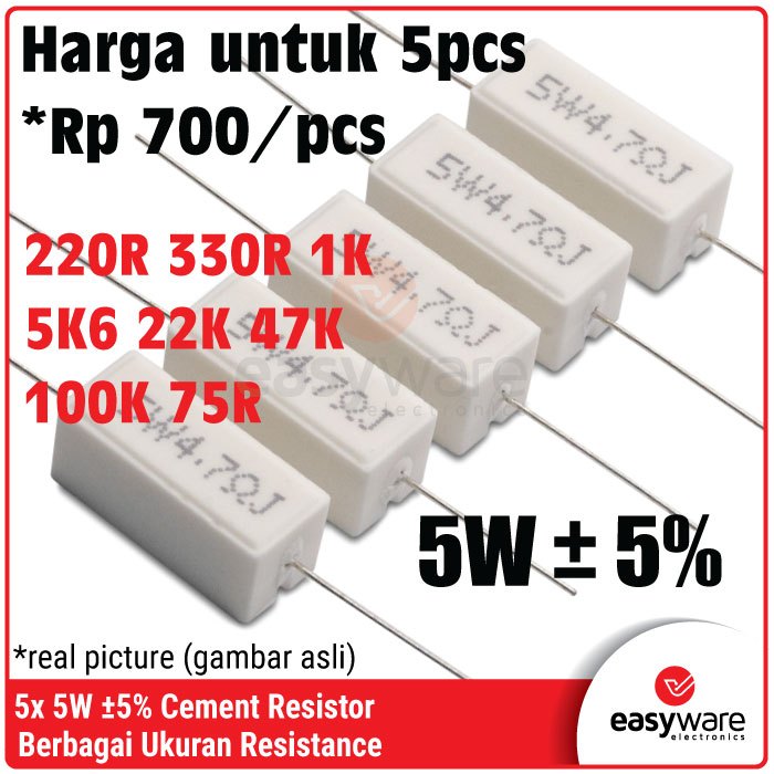 Jual 5x Cement Resistor 5W 5% 220R 330R 1K 5K6 22K 47K 100K 75R Cement Resistor Kapur Putih 5.6K ...