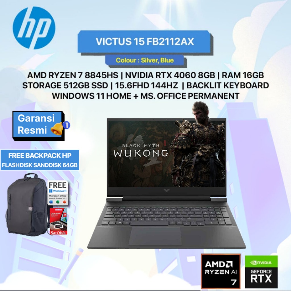 Jual LAPTOP HP VICTUS 15 RYZEN 7 8845HS RTX4060 8GB/ 16GB 512GB W11+OHS ...