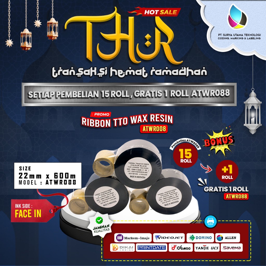 Jual Ribbon Barcode Untuk Printer TTO Wax Resin Size 22mm x600m - Warna ...