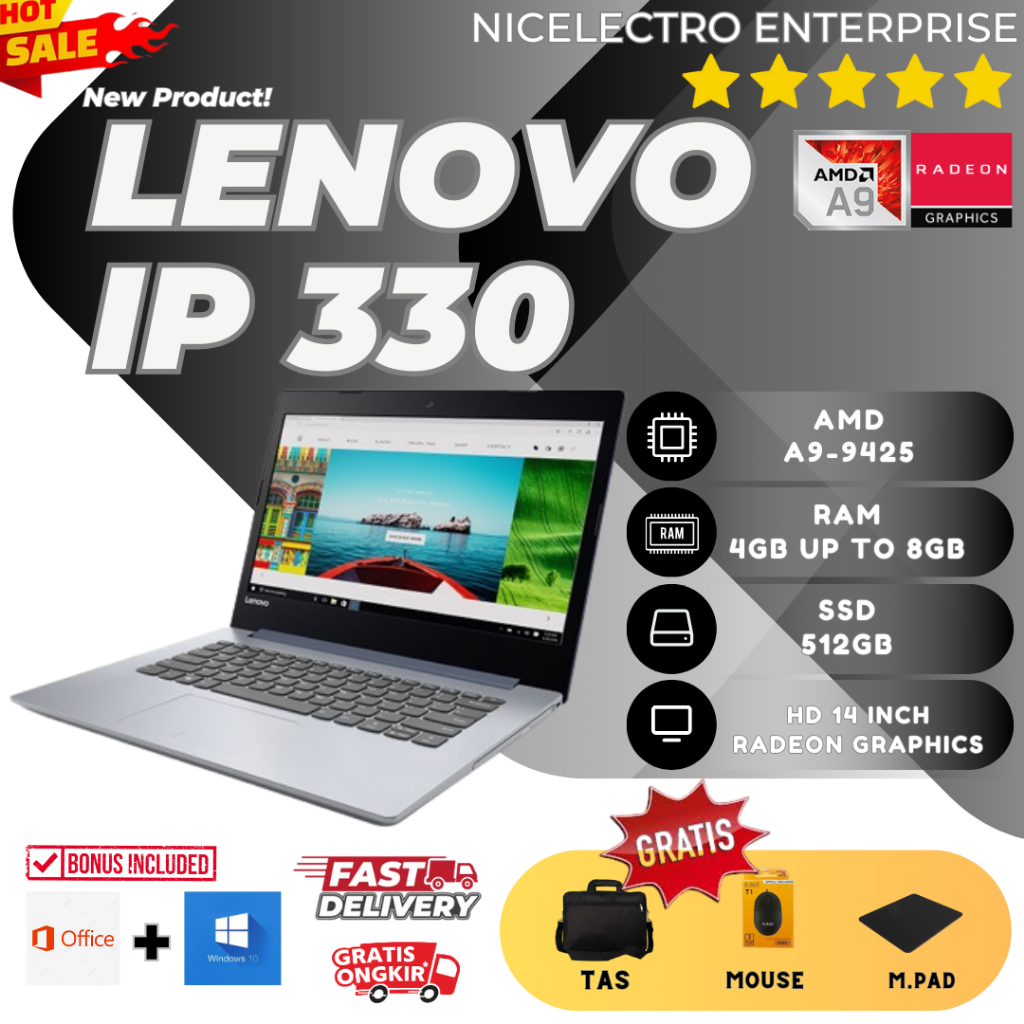 Jual LAPTOP LENOVO IDEAPAD IP 330 | AMD A9-9425 | RAM 8GB | SSD 512GB | DVD | WINDOWS OFFICE ...
