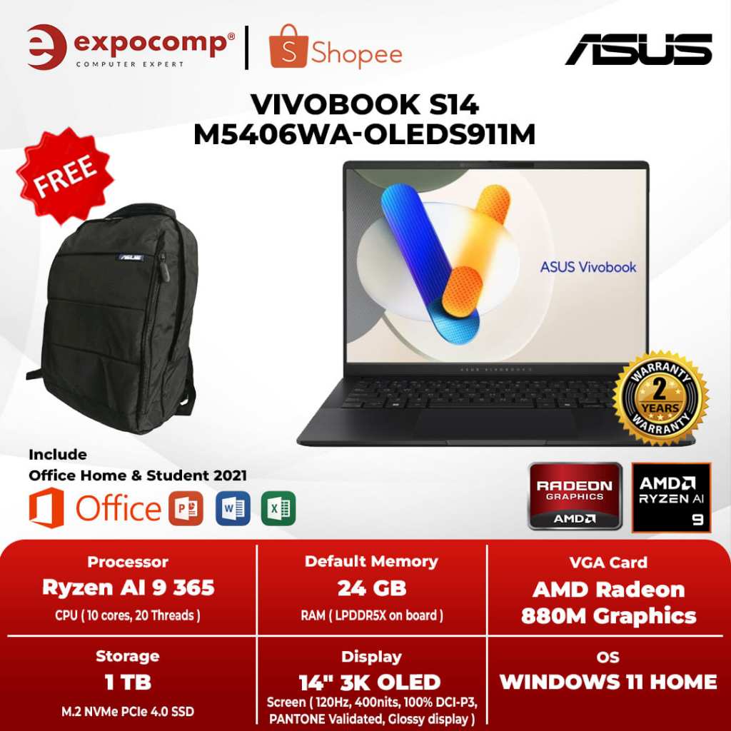 Jual ASUS VIVOBOOK S14 M5406WA-OLEDS911M AMD RYZEN AI 9 365 24GB 1TB ...