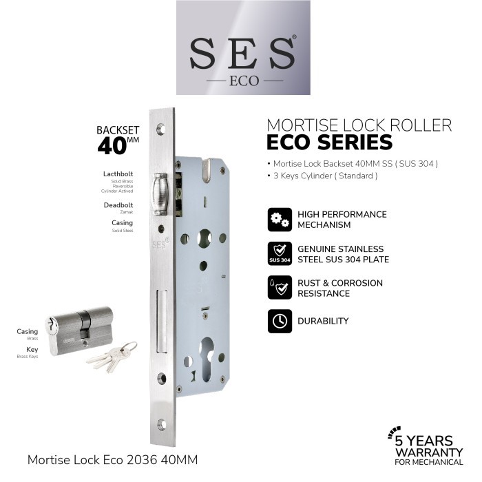 Jual SES Body Kunci Pintu - Mortise Lock SES ECO Roller E2036 - 40mm SS ...