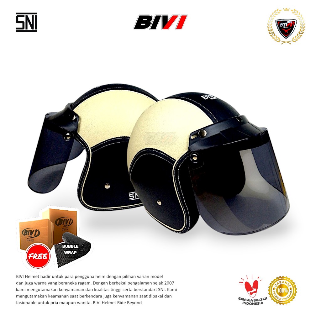 Jual HELM BIVI Bogo Full Kulit Bordir Cream SNI Retro Half Face Pria Wanita Hijab Dewasa ...