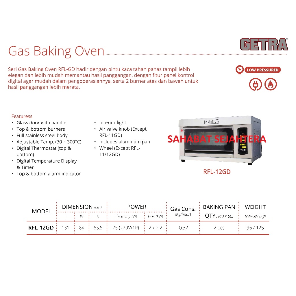 Jual GETRA Gas Baking Oven 1 Deck 2 Trays / Loyang RFL-12GD Oven ...