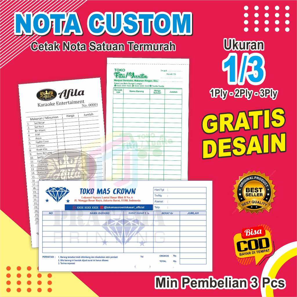 Jual Cetak Nota custom ukuran 1/3 folio nama toko sendiri nota faktur ...