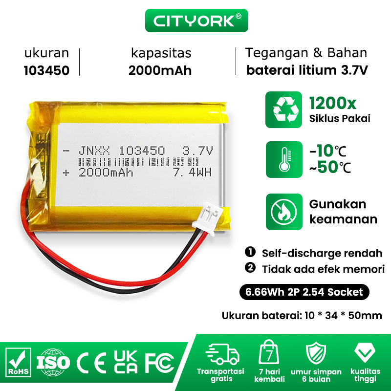 Jual Cityork Baterai Universal battery 103450 10*34*52mm 3.7V Li-ion 2000mAh Perekam mengemudi ...