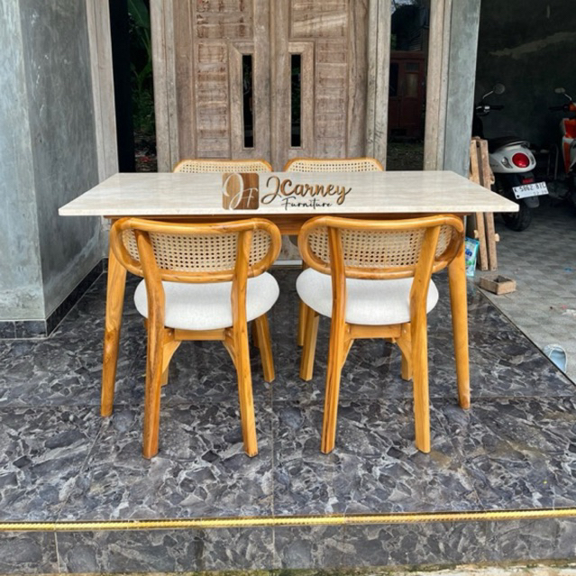 Jual DINING SET MINIMALIS KURSI ROTAN TOP TABLE MARMER , MEJA MAKAN MARMER 4 KURSI ROTAN ...