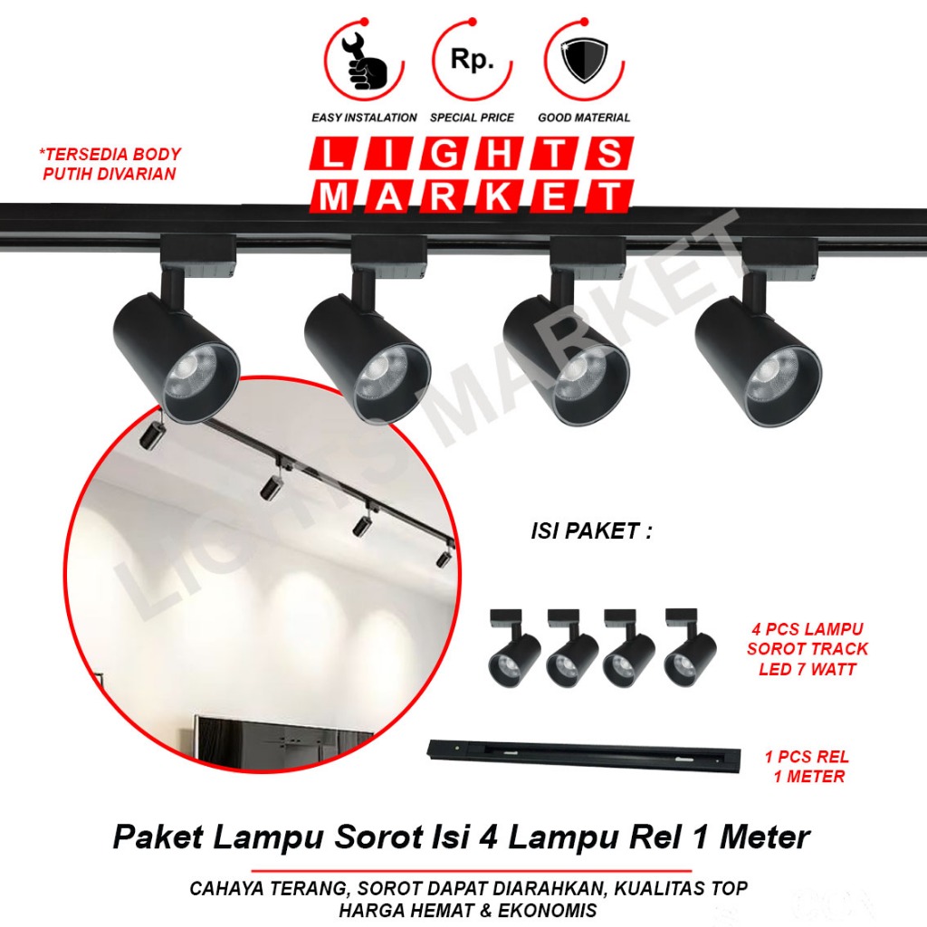 Jual Paket Ekonomis isi 4 Lampu Rell Track LED Sorot 7W Lampu Track ...