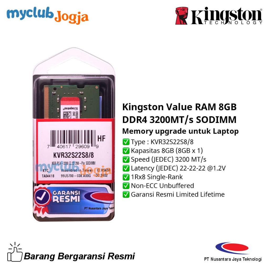 Jual RAM Laptop DDR4 8GB (8GBx1) 3200MHz SoDimm Kingston Value RAM DDR4 KVR32S22S8/8 | Shopee ...