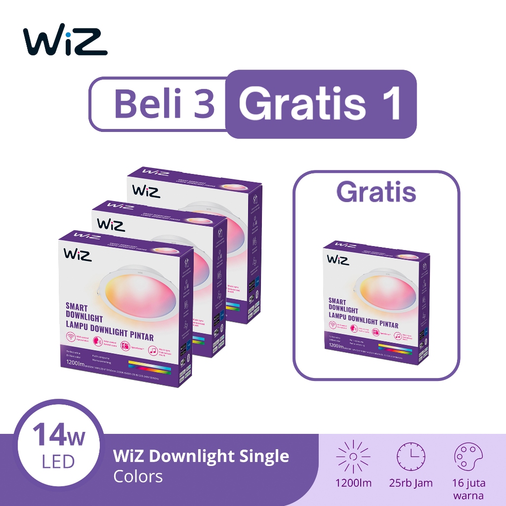 Jual WiZ Paket Lampu Smart LED Downlight 14W WiFi RGB Beli 3 Gratis 1 - Lampu Ceiling Plafon ...