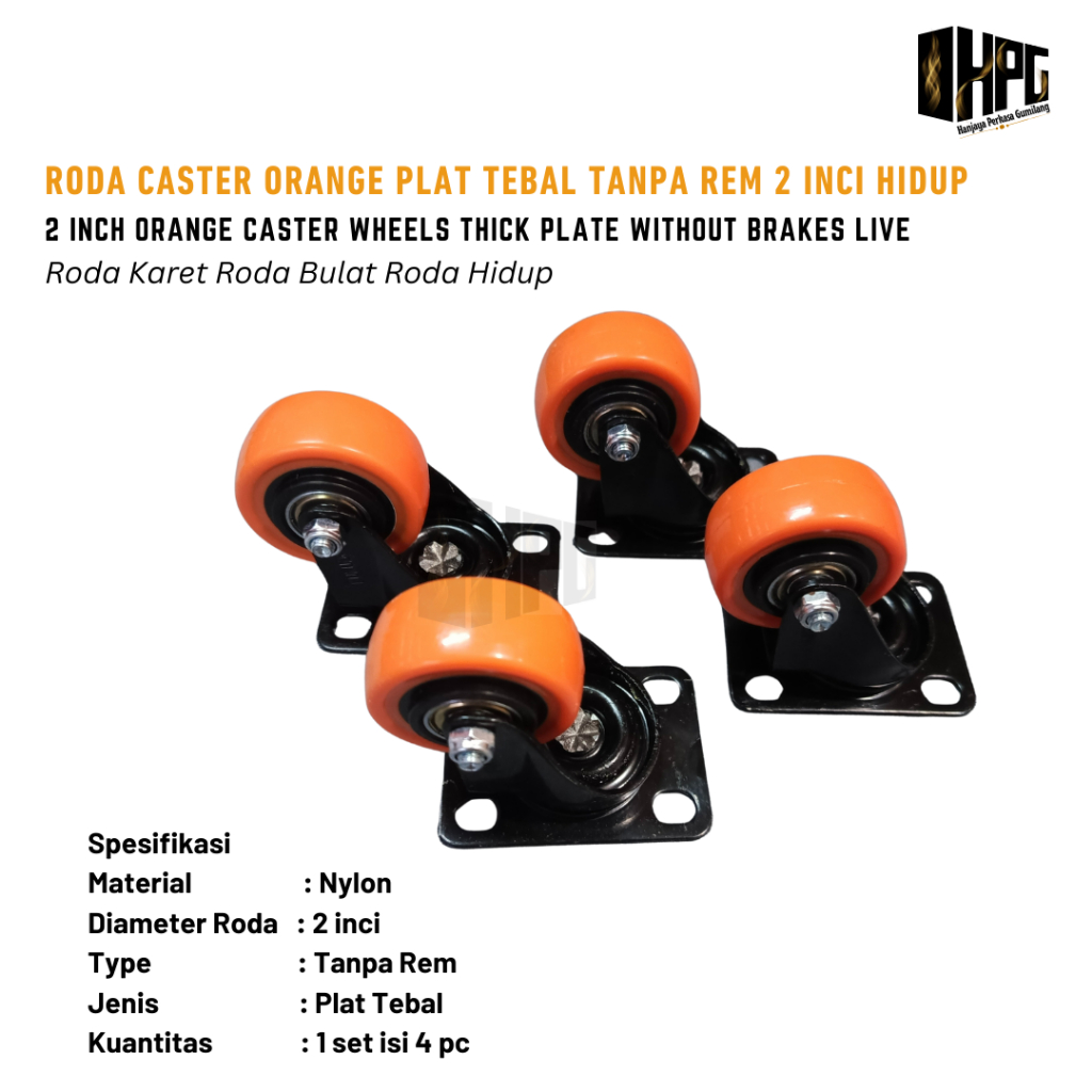 Jual RODA CASTER ORANGE TANPA REM PLAT TEBAL HIDUP 2 INCI - RODA CASTER ...