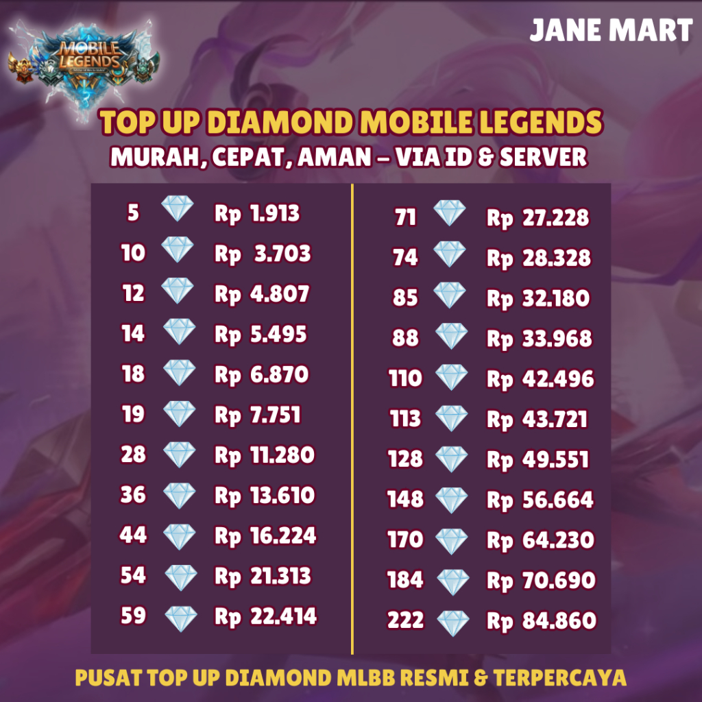 Jual TOP UP DIAMOND MOBILE LEGENDS MLBB MURAH DAN CEPAT / DIAMOND MOLE ...