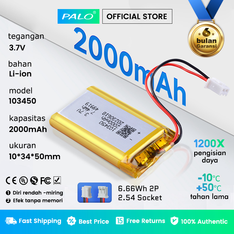 Jual PALO Baterai Universal battery 103450 10*34*52mm 3.7V Li-ion 2000mAh Perekam mengemudi ...