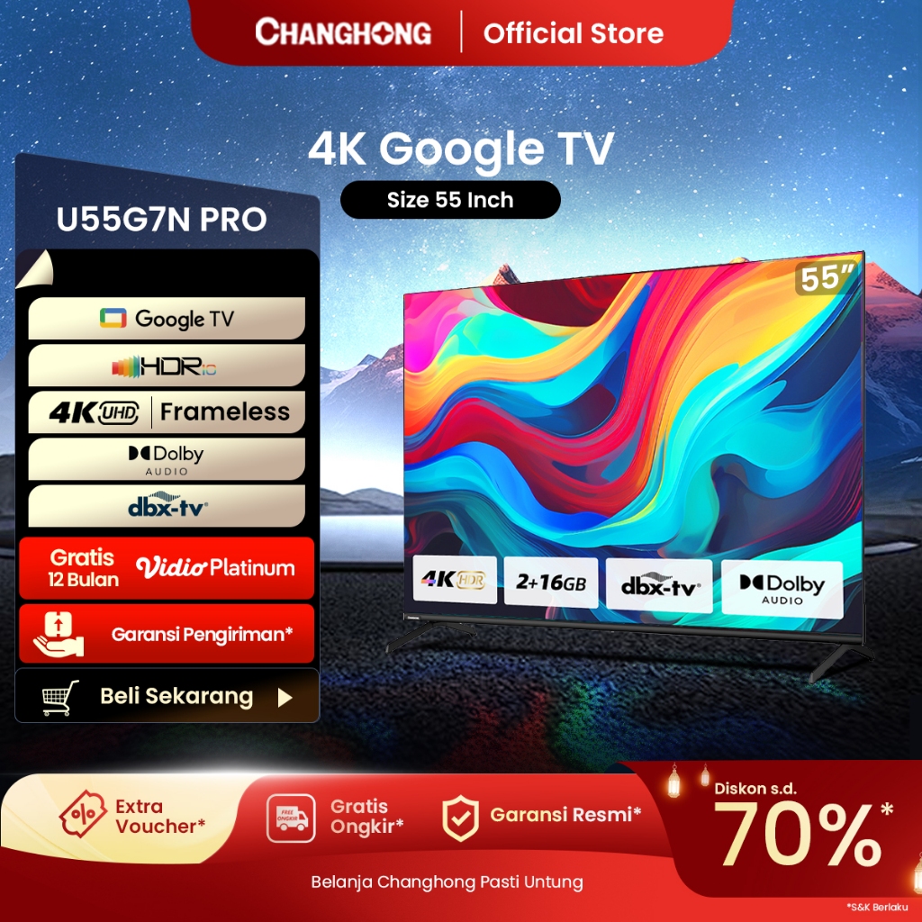 Jual Google TV Changhong 55 inch Smart TV 4K UHD-HDR10+DBX Dolby Audio ...