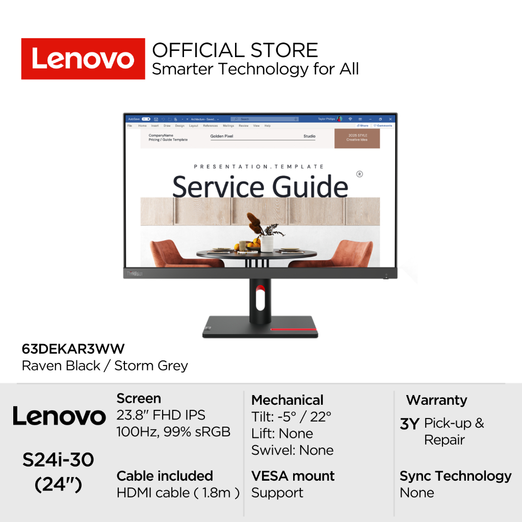 Jual Lenovo Monitor ThinkVision S24i-30 63DEKAR3WW Raven Black 23.8 ...