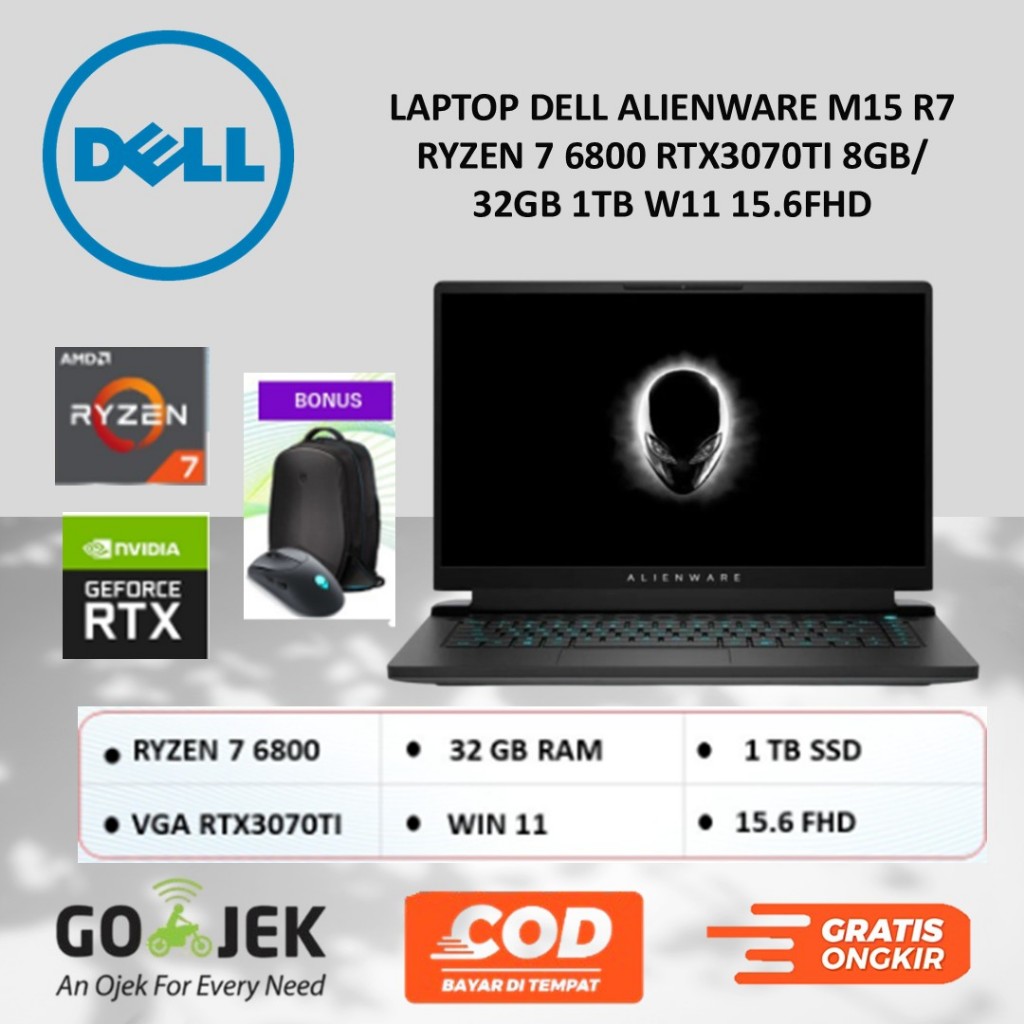 Jual LAPTOP DELL ALIENWARE M15 R7 RYZEN 7 6800 RTX3070TI 8GB/ 32GB 1TB ...