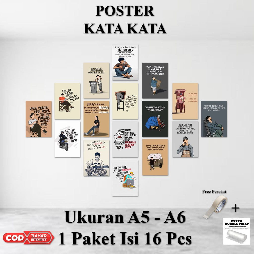 Jual Poster Dinding Kamar Tema KATA KATA Ukuran A5 A6 1 Paket isi 16 ...