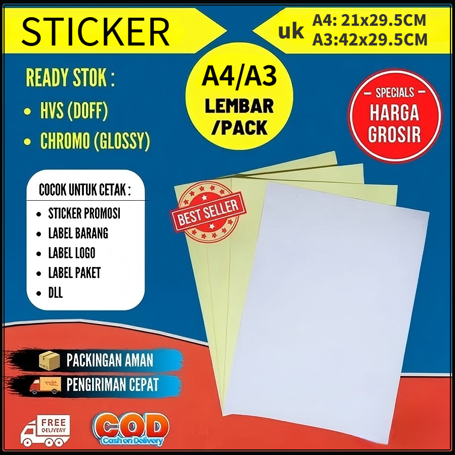 Jual Stiker Label A4 / A3 isi 50 Lembar / Kertas Sticker Ukuran A4 ...