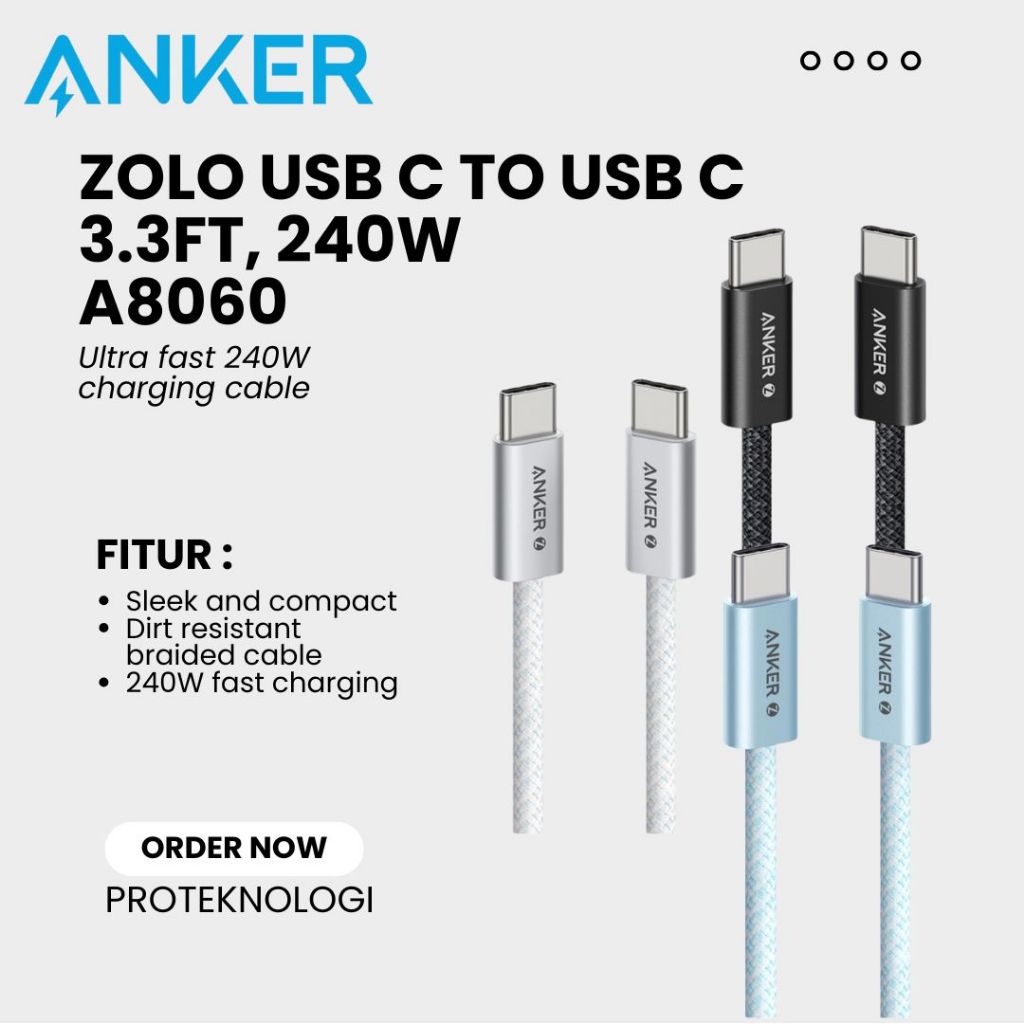 Jual ANKER A8060 Zolo USB C to USB C Cable 3.3ft 240W Braided Dirt Resistant Fast Charging ...
