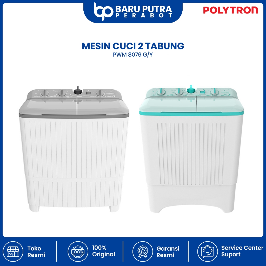 Jual MESIN CUCI 2 TABUNG POLYTRON 8 KG TWIN TUB PWM 8076 hijau dan abu ...