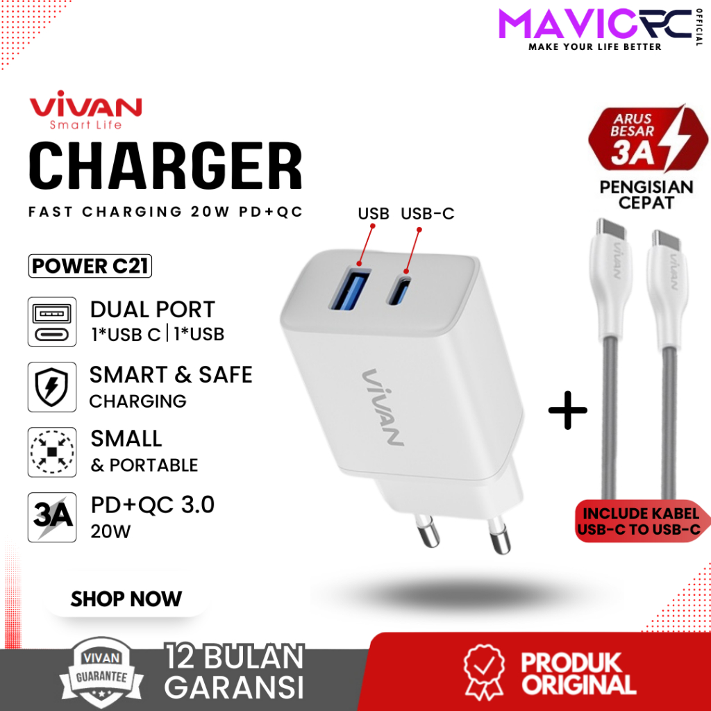 Jual VIVAN Power C21 Adapter Charger Dual Port USB-A Type-C include C ...