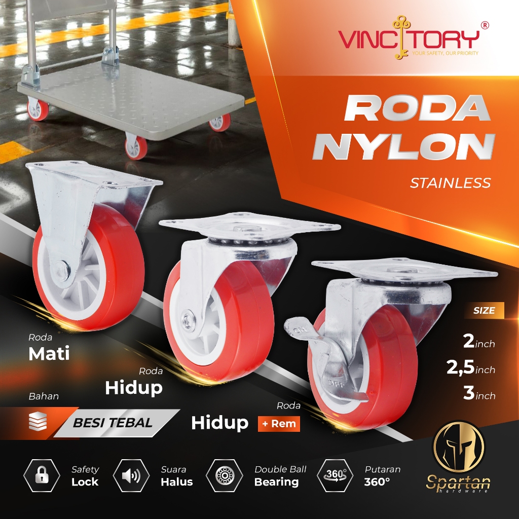 Jual Roda Troli 2 2,5 3 inch Mati Hidup Rem Nylon Merah Kastor Etalase ...