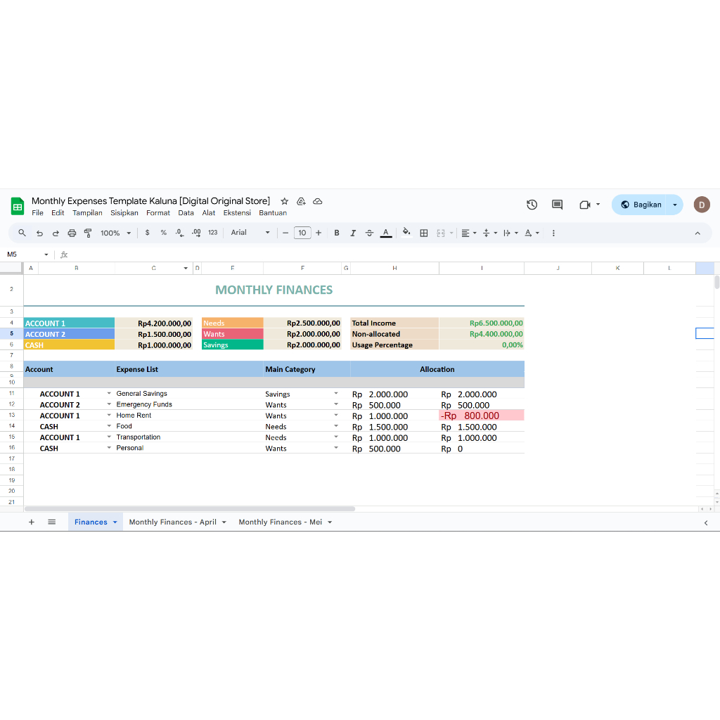 Jual TEMPLATE SPREADSHEET KEUANGAN KALUNA SIMPLE | Shopee Indonesia