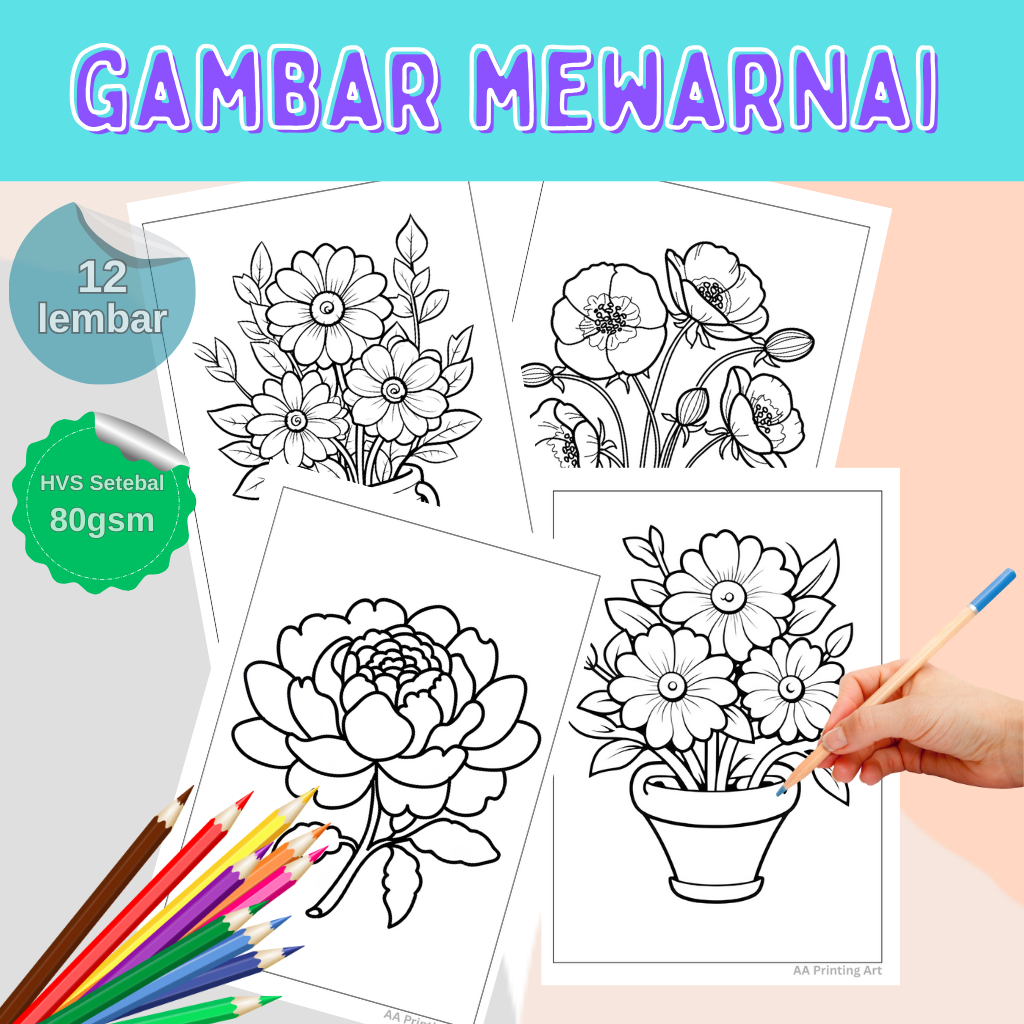 Jual 12 lembar Gambar mewarnai BUNGA untuk Anak-Anak Paud Tk SD ...