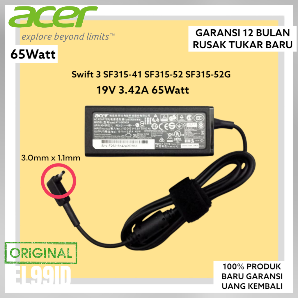 Jual Adaptor original Charger Acer Swift 3 SF315-41 SF315-52 SF315-52G ...