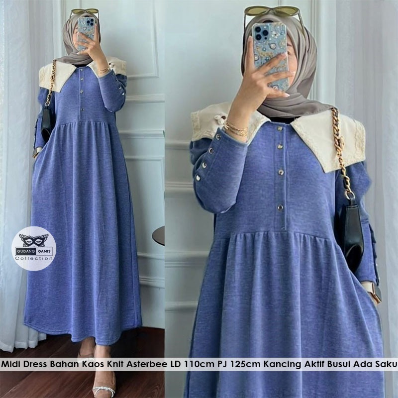 Jual Midi Dress Firka Bahan Knit Asterbee LD 110-115cm PJ 125cm Kancing Aktif Busui Ada Saku ...