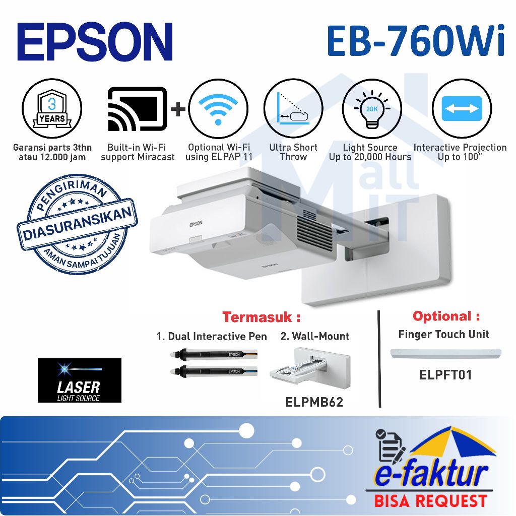 Jual MALLIT EPSON Proyektor Laser EPSON EB-760WI EB760WI 760WI Pengganti EB-725WI EB725WI WXGA ...